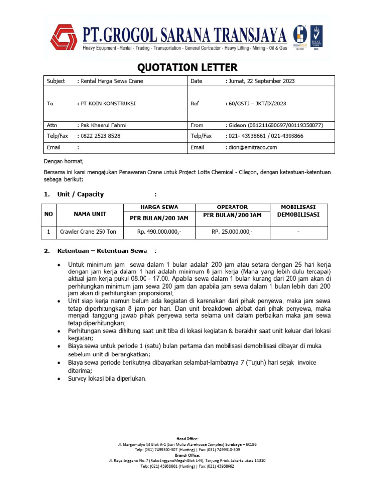 Penawaran Sewa Crane 250 Ton untuk Lotte | PDF