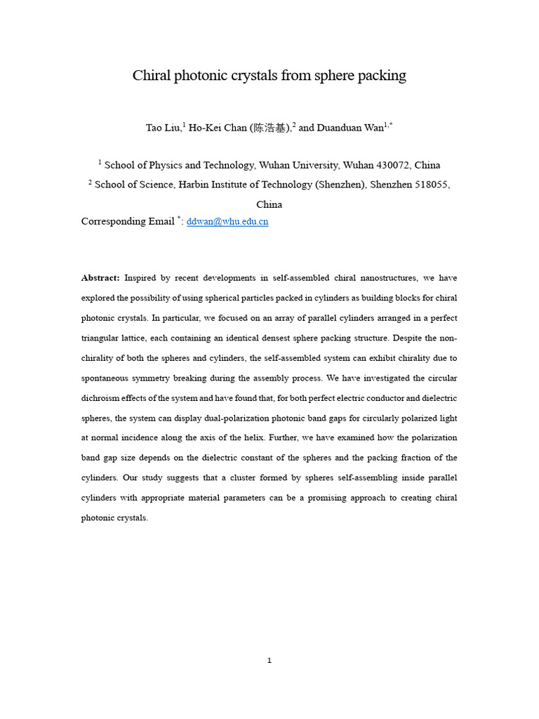 Chiral Photonic Crystals From Sphere Packing | PDF | Dielectric | Crystal Structure