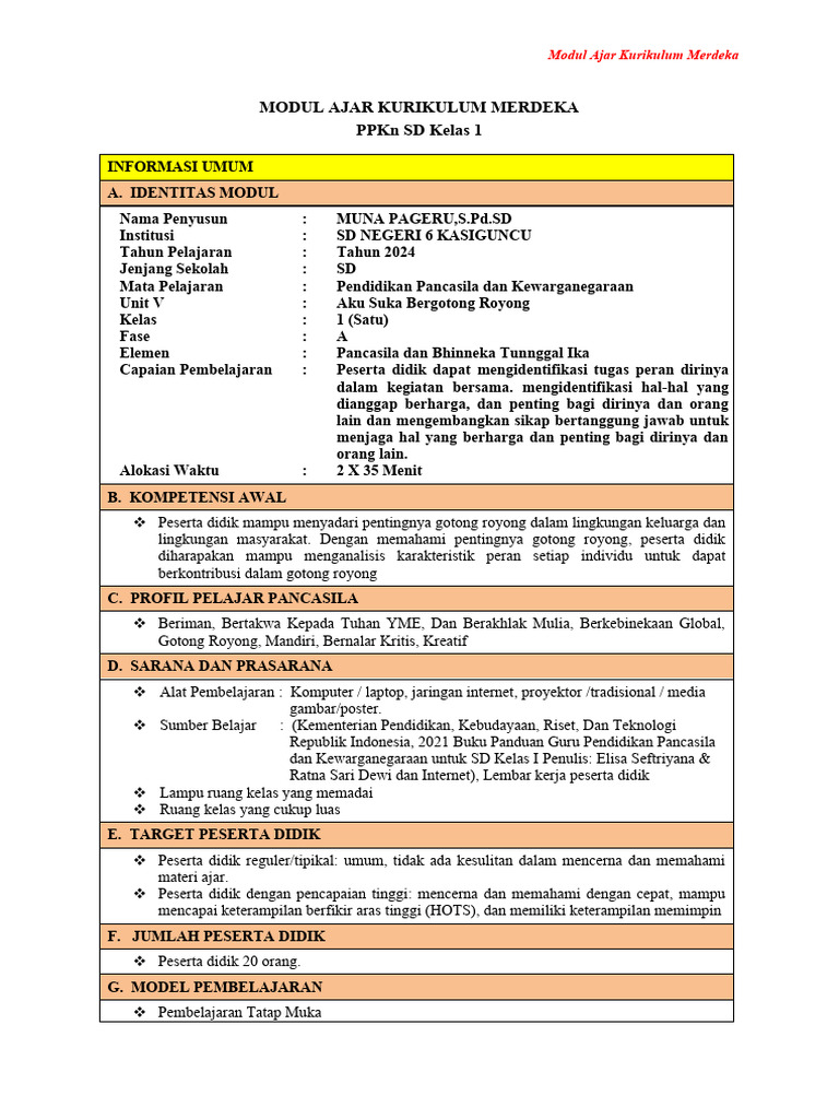 Modul PPKn SD Kelas 1: Gotong Royong | PDF