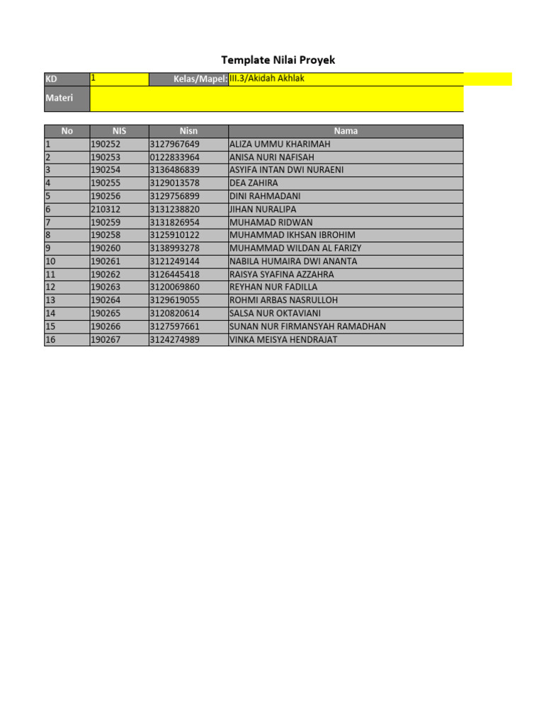 Template Nilai Proyek Akidah Akhlak | PDF