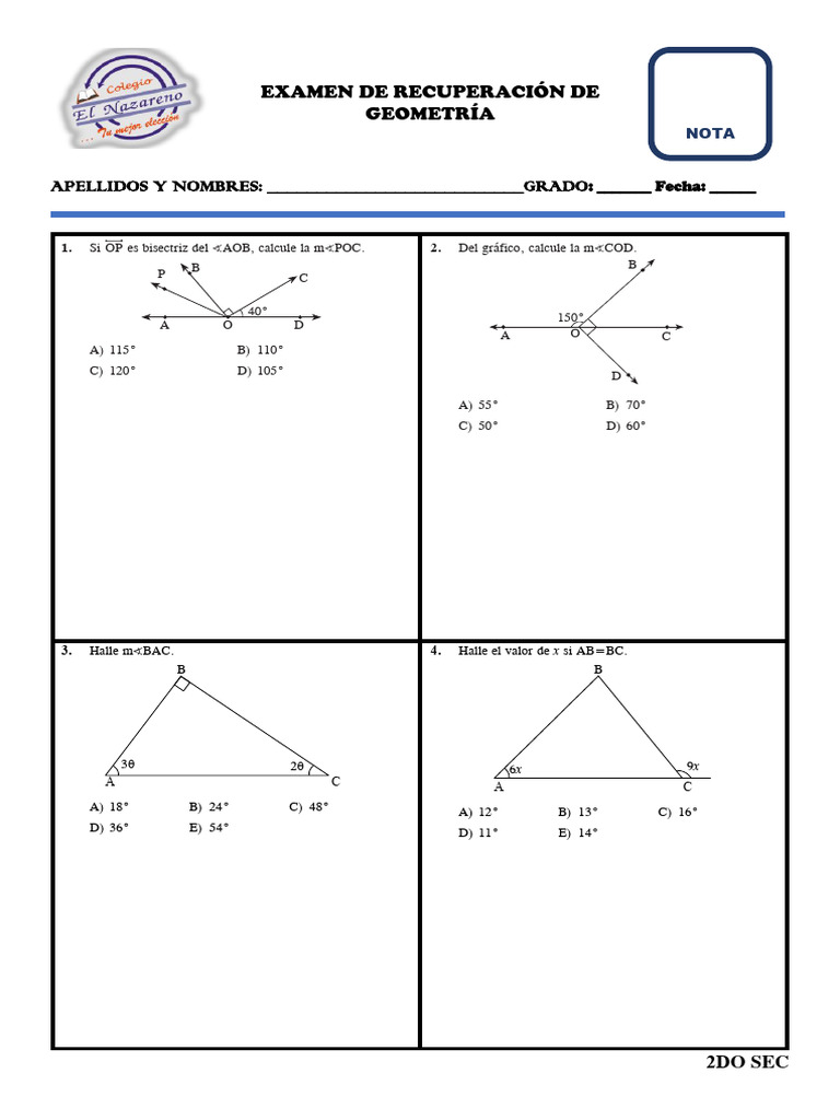 Examen de Recuperación de Geometría 2do Sec | PDF