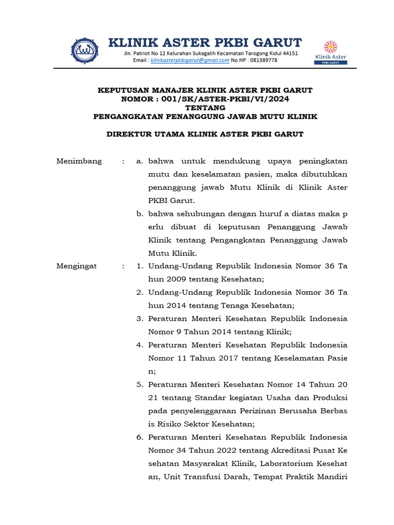 Sk Penanggung Jawab Tim Mutu Klinik Pdf