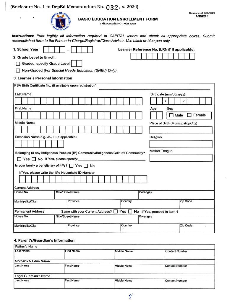 Enrollment Form For Grade 7&11 Sy 2024-2025 | PDF