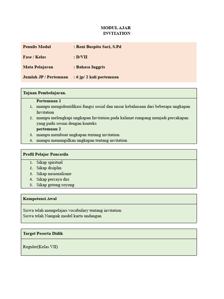 Modul Ajar Bahasa Inggris: Invitation | PDF | Karier & Perkembangan ...