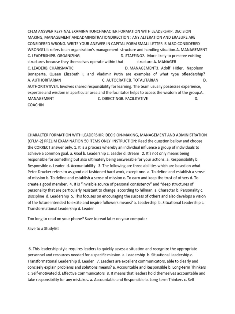 CFLM Questions - WPS Office | PDF | Leadership | Transformational Leadership