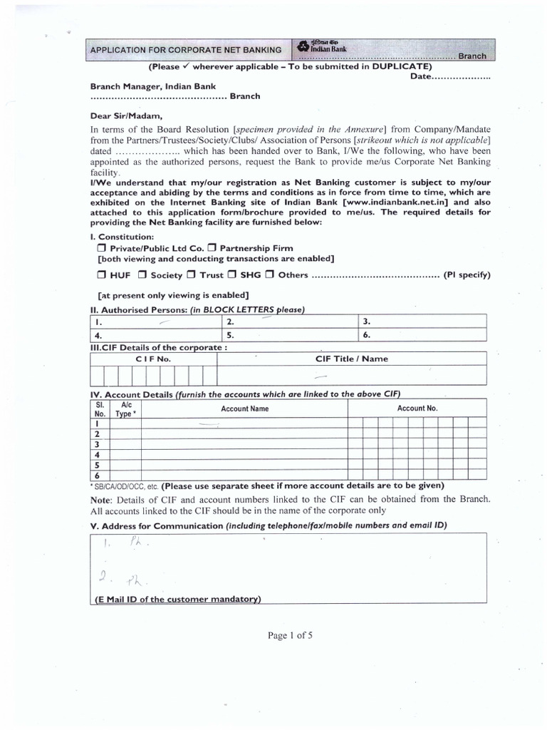 Indian Bank Internet Banking Form | PDF