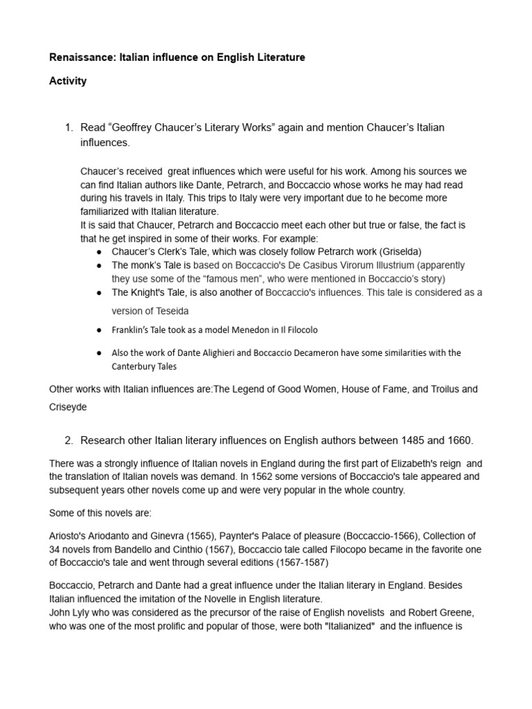 Renaissance Activity | PDF | Giovanni Boccaccio