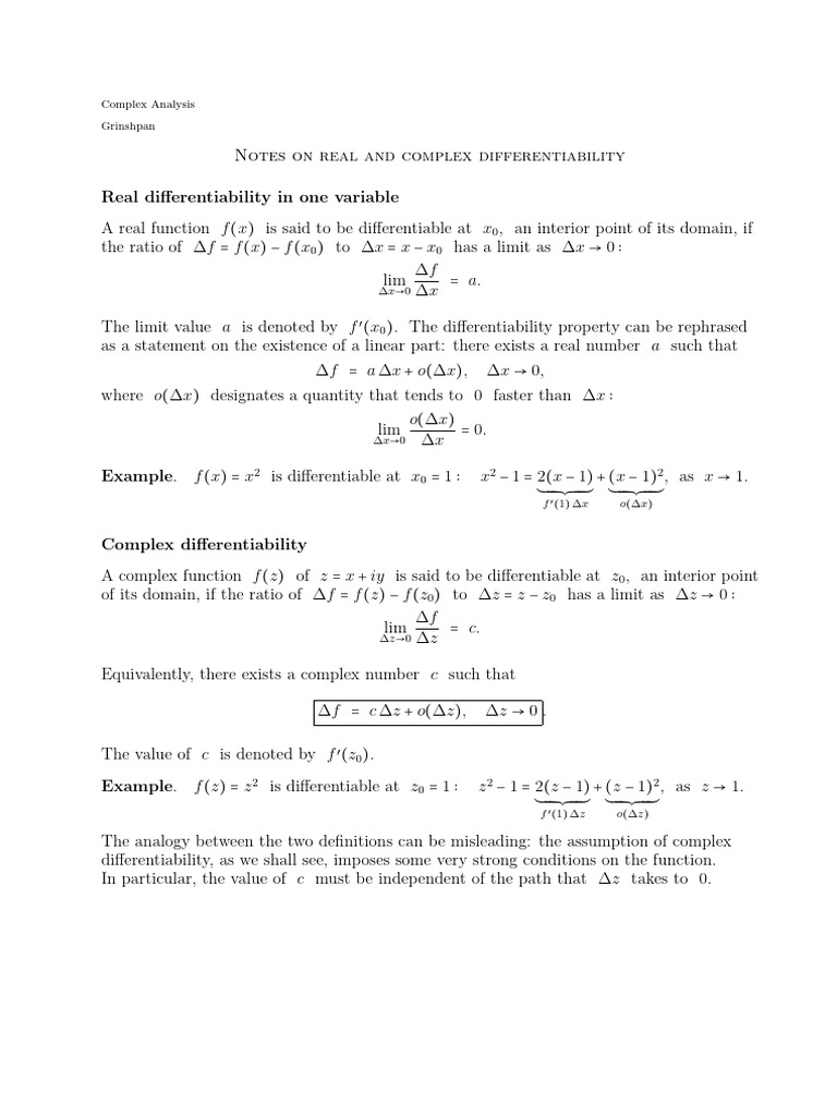 Real and Complex Differentiability | PDF | Holomorphic Function | Mathematical Physics