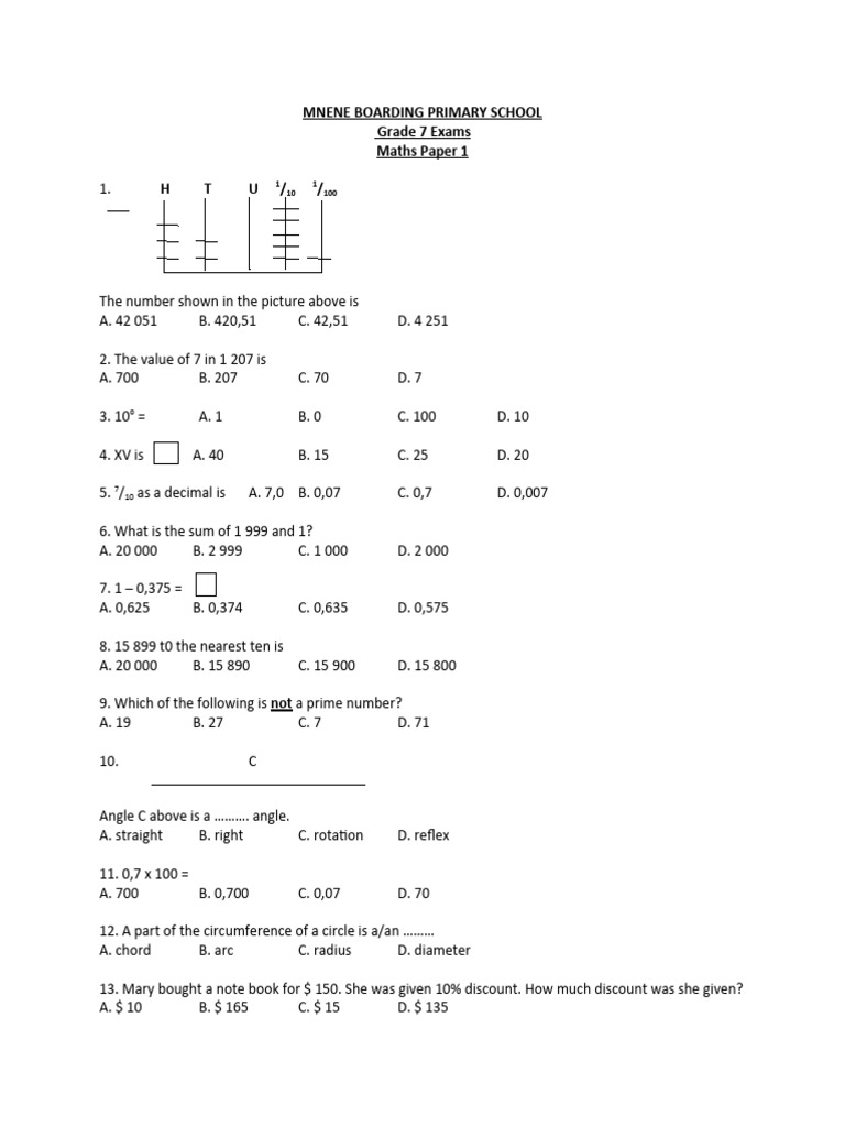 Grade 7 Maths Paper 1 | PDF | Circle | Angle