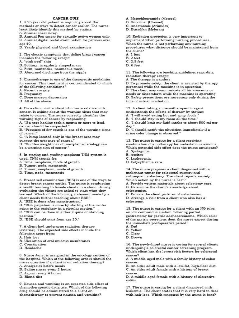 Cancer Quiz No Answer Final | PDF | Cancer | Metastasis