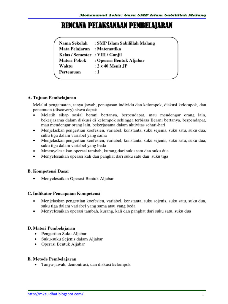 Contoh RPP Matematika Kelas 8 | PDF