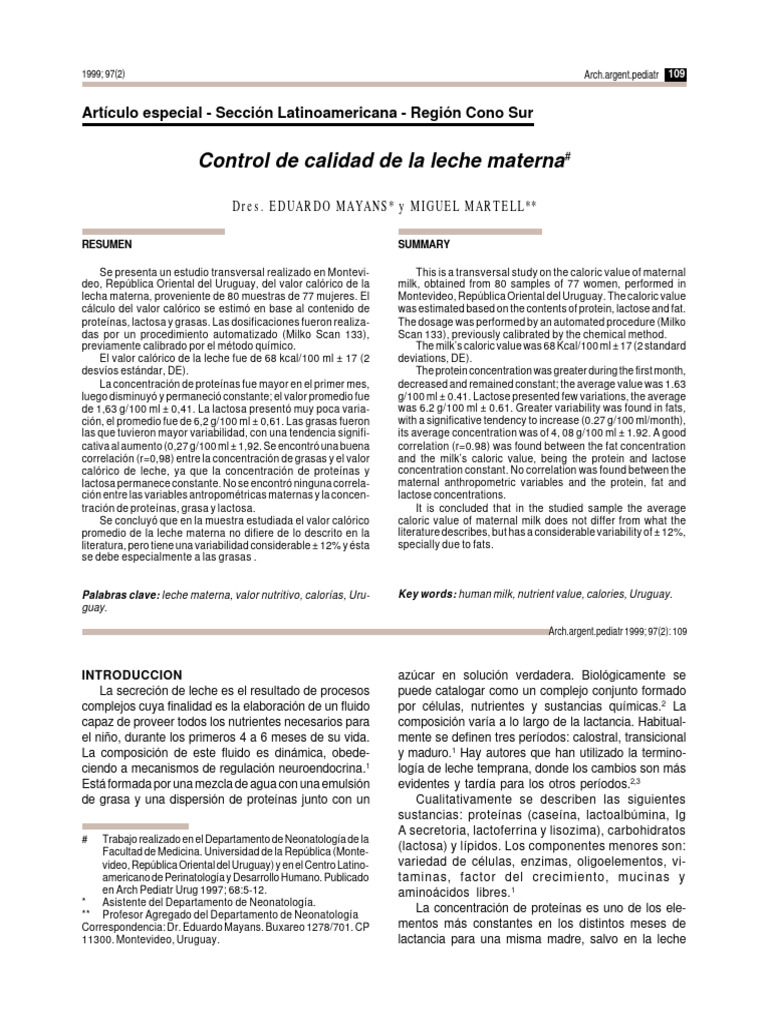 Control de Calidad de La Leche Materna: Artículo Especial - Sección Latinoamericana - Región ...