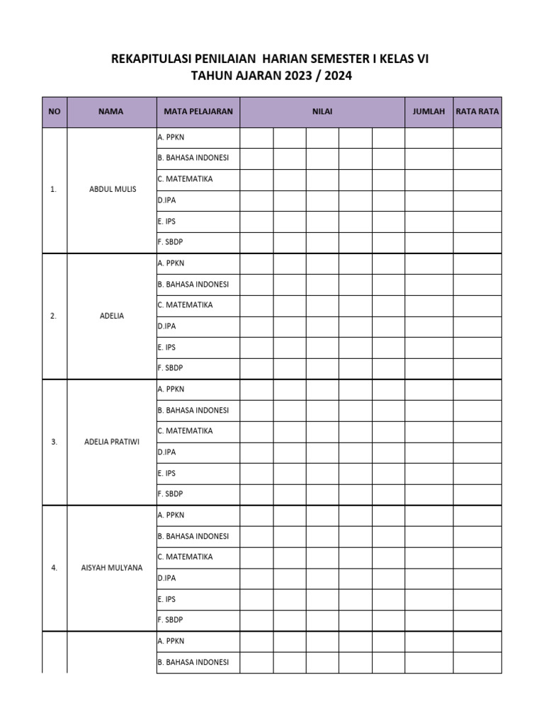 Rekap Nilai Harian Kelas Vi Suhardi | PDF