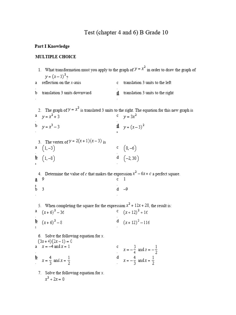 Grade 10 Quadratic Functions Test | PDF | Quadratic Equation ...
