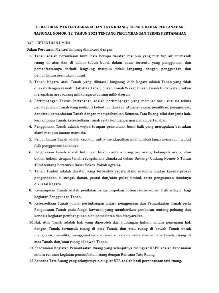 Permen ATR KBPN Nomor 12 Tahun 2021 Tentang Pertimbangan Teknis Pertanahan | PDF | Pengelolaan ...