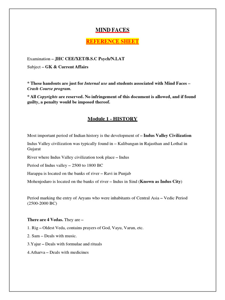 G.K & Current Affairs - Reference Sheet Mind Faces Entrance Program ...