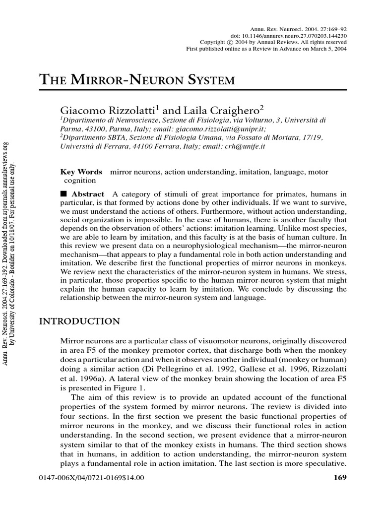 The Mirror-Neuron System | PDF | Imitation | Behavioural Sciences