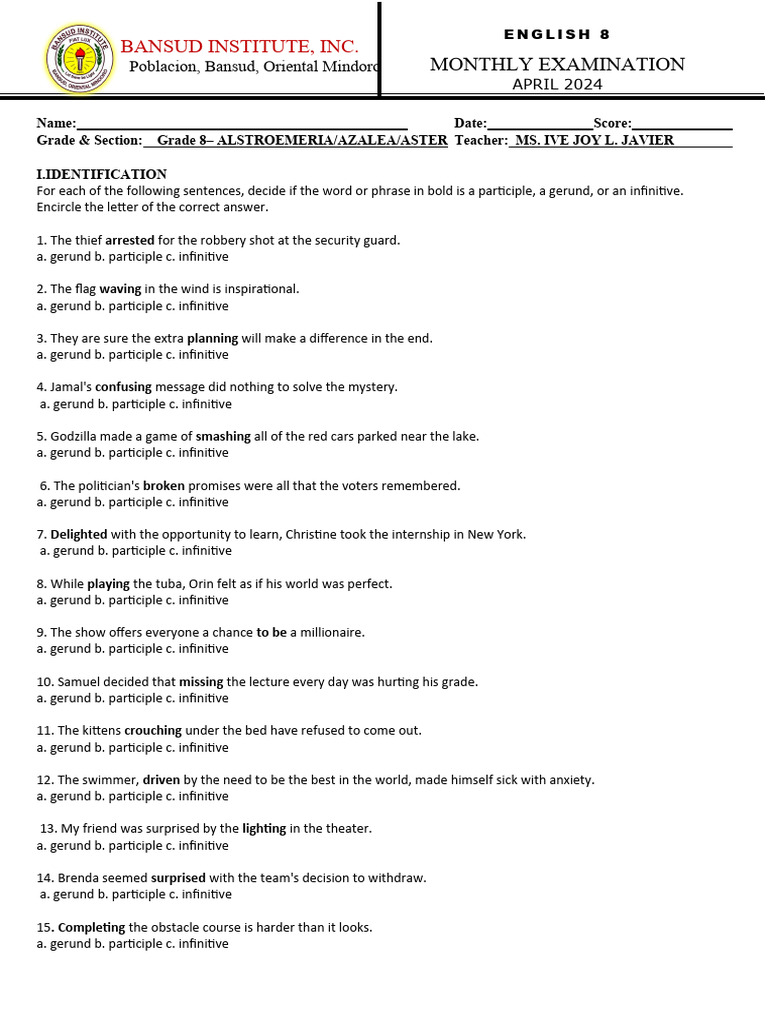 Grade 8 English Monthly Exam April 2024 | PDF | Sentence (Linguistics ...