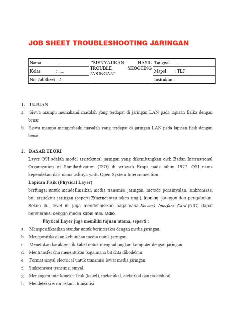 Job Sheet Troubleshooting Jaringan | PDF