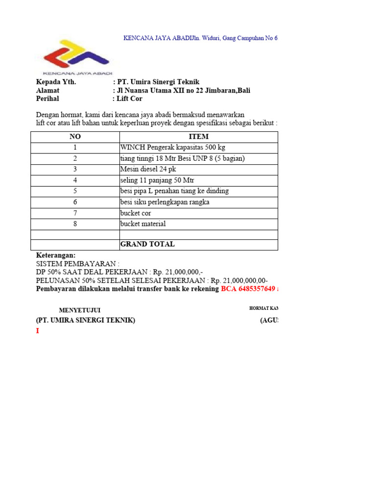 Penawaran Lift Cor untuk Proyek | PDF