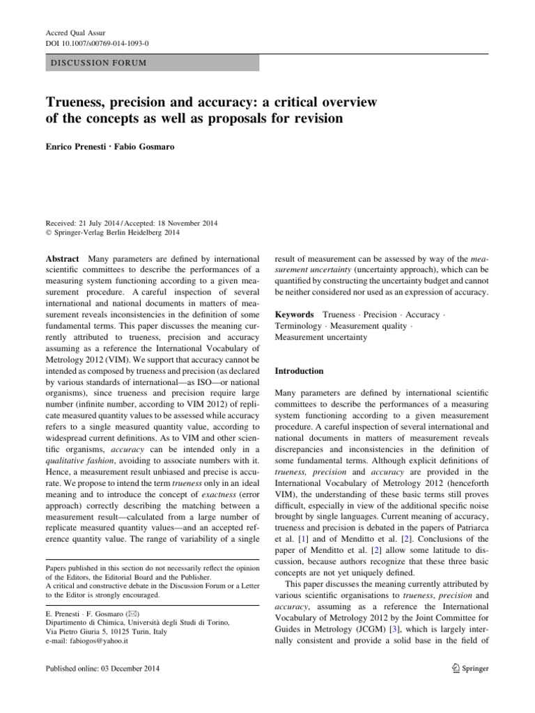 Trueness Precision and Accuracy A Critial Overview of The Concept As Well As Proposal For ...