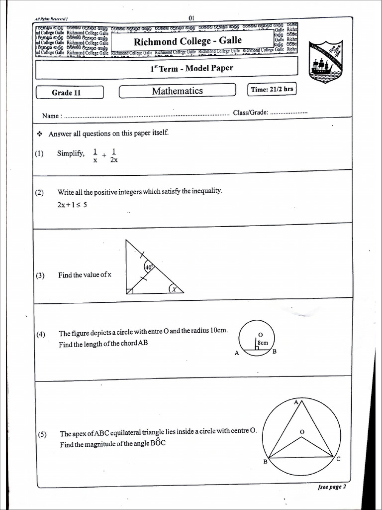 2019 Grade 11 Maths First Term Paper English Medium Richmond College | PDF