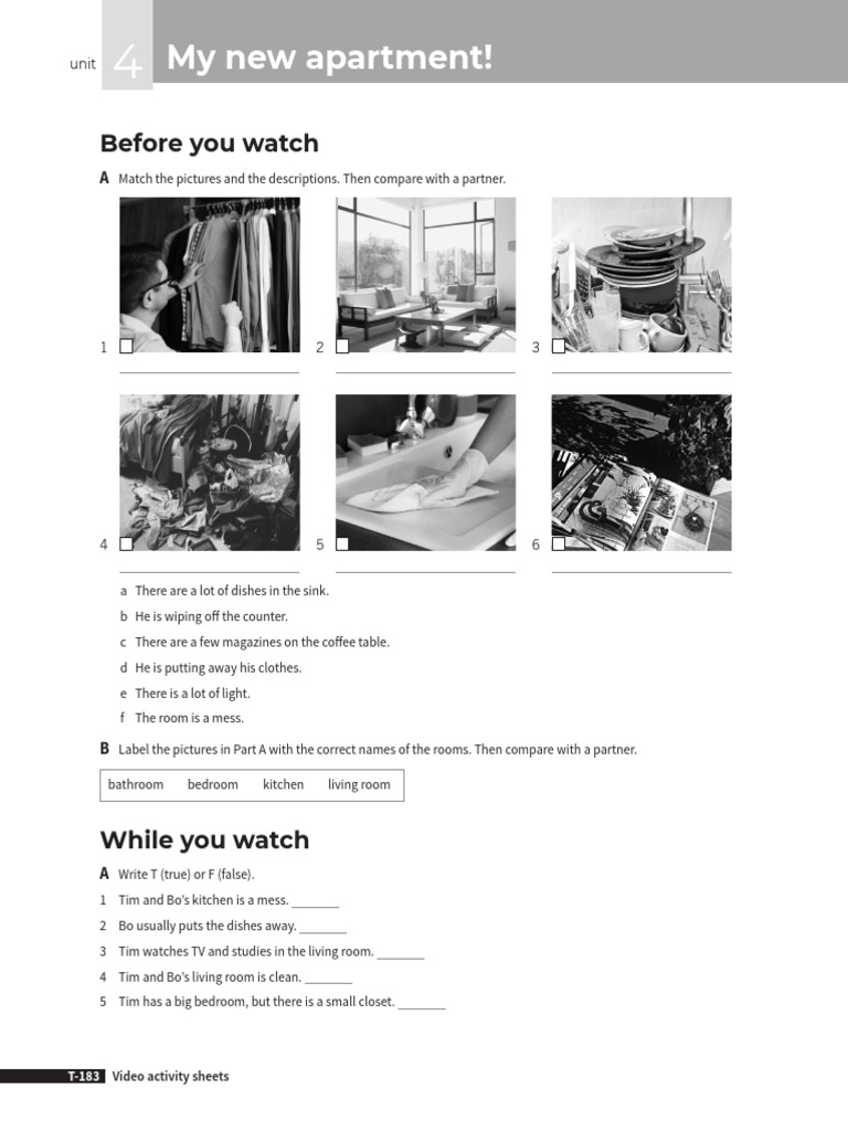 Video Activity Sheets: Tim's Apartment | PDF | Room | Bedroom