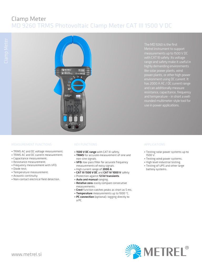 Single 2022 MD 9260 TRMS Photovoltaic Clamp Meter CAT III 1500 V DC Ang ...