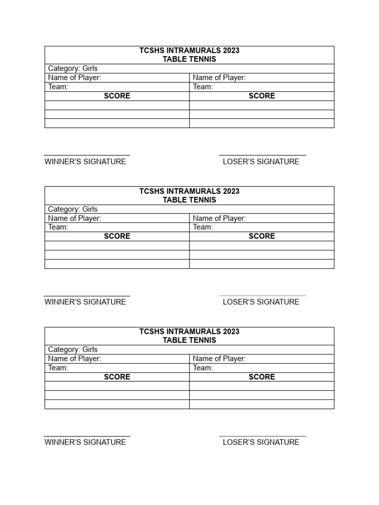 Table Tennis Score Sheet | PDF