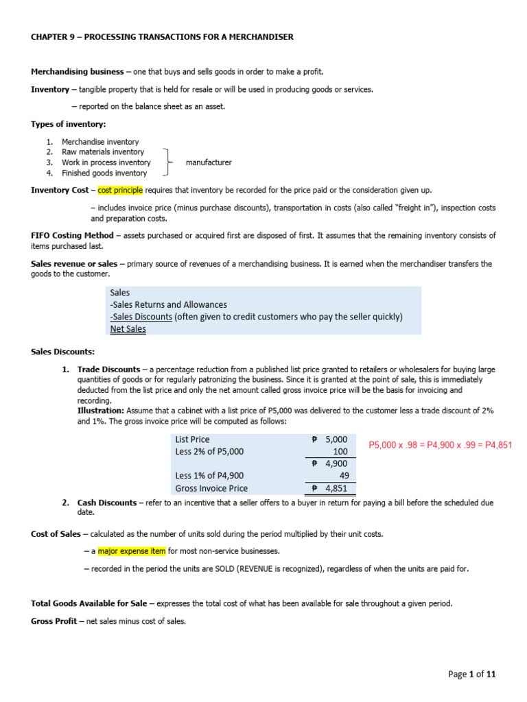 FABM - Chapter 9 - Processing Transactions For A Merchandiser | PDF | Inventory | Prices