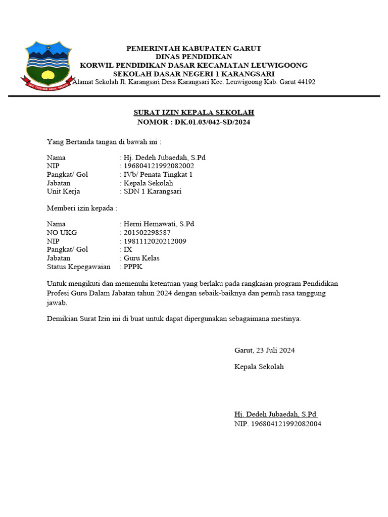 Surat Ijin Untuk PPG | PDF