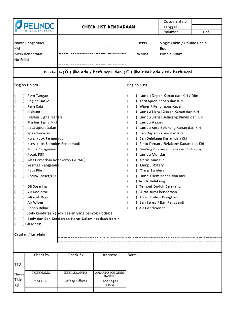 Form Check List Kendaraan | PDF