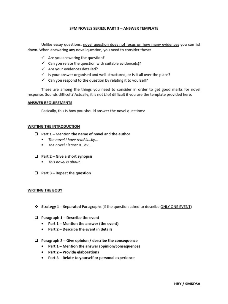 SPM Novels Series - Answer Template | PDF
