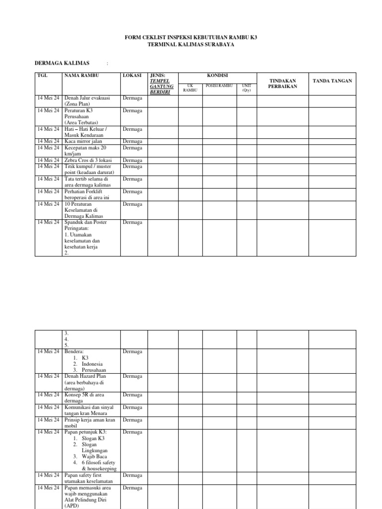495913006-FORM-CEKLIST-INSPEKSI-RAMBU-K3 Kalimas | PDF