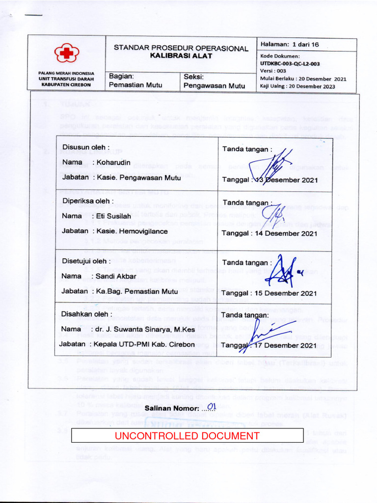 Prosedur Kalibrasi Alat UTD PMI Cirebon | PDF