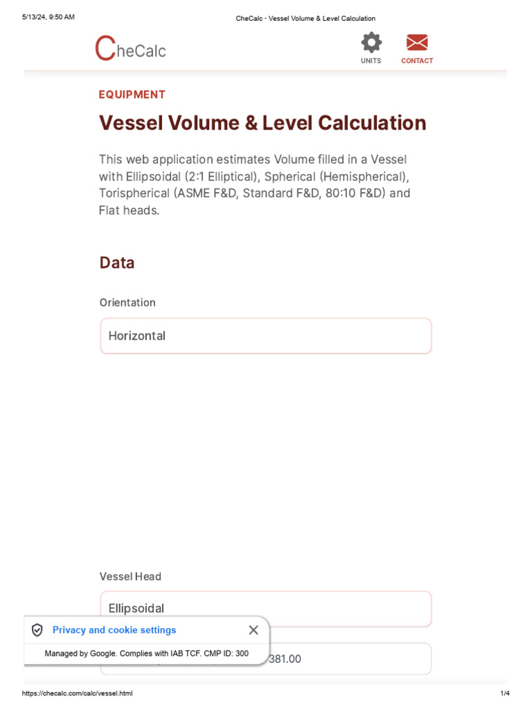 CheCalc Vessel Volume & Level Calculation | PDF | Volume