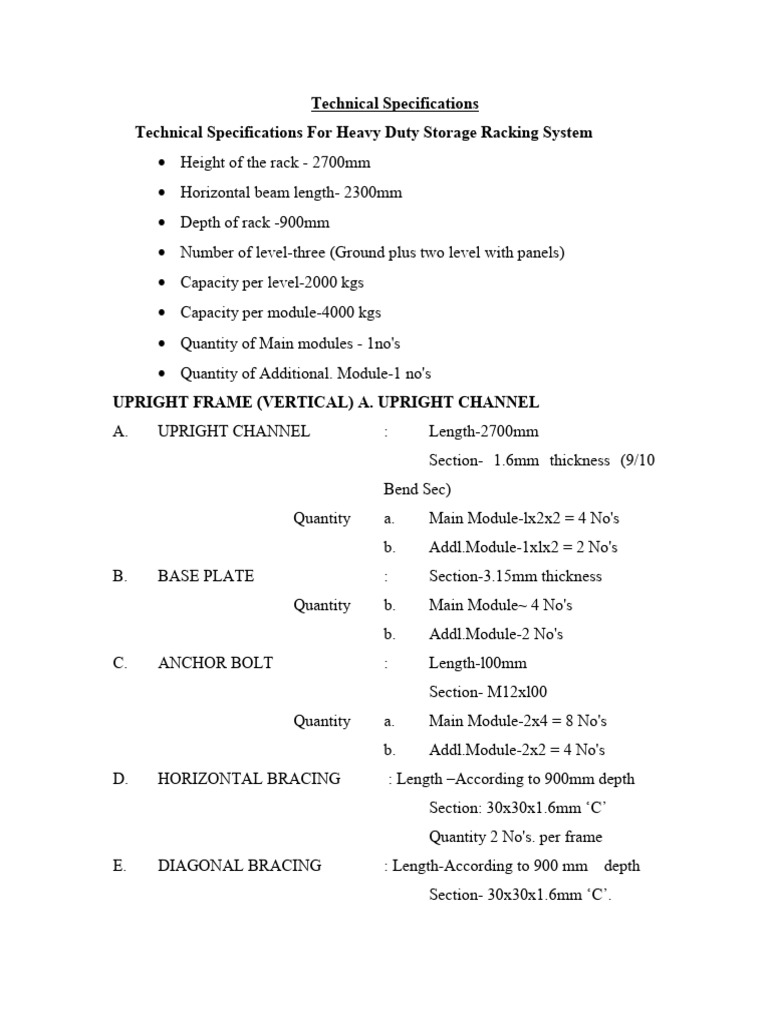 Annexure-2 Tech Specs of Racking System - 8 FT | PDF | Beam (Structure ...