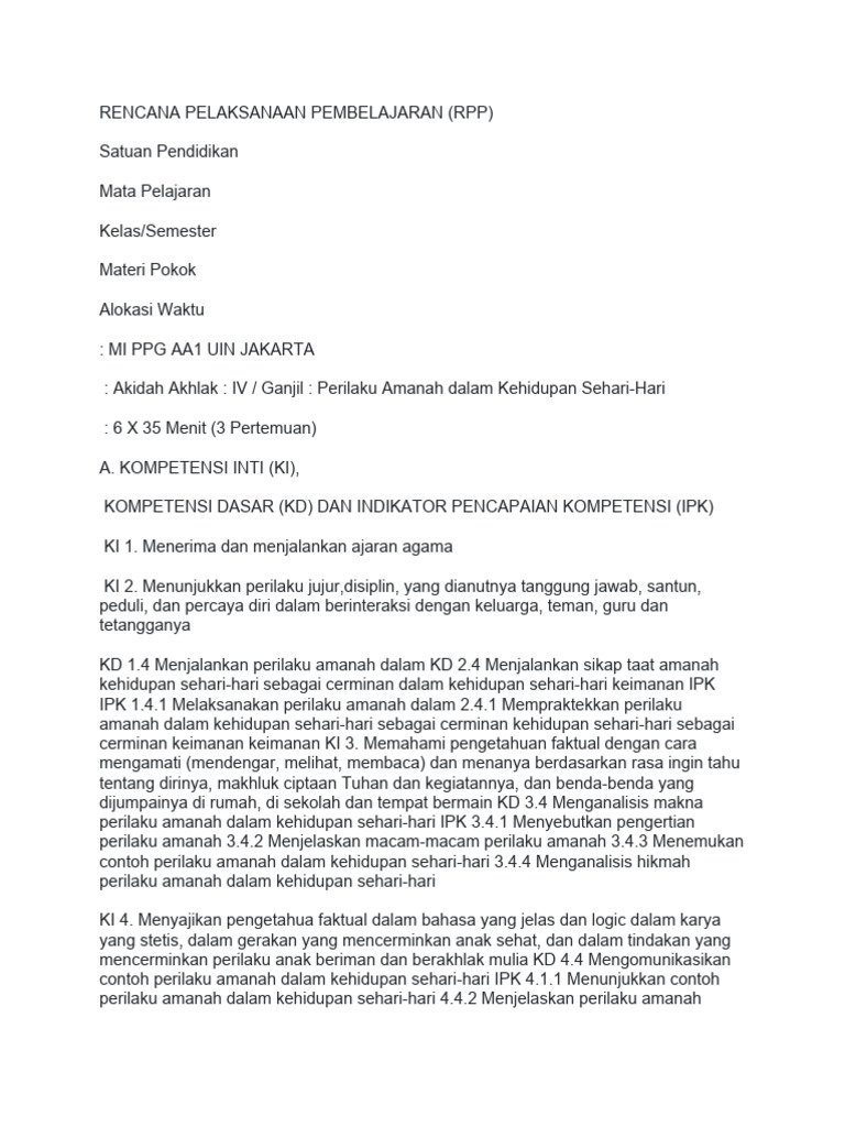 Contoh RPP Perilaku Amanah | PDF