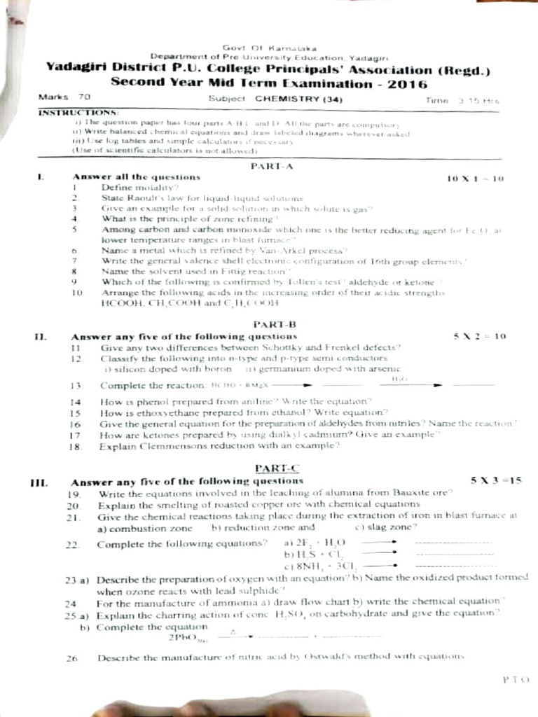 2nd Pu Chemistry Midterm Question Papers | PDF | Coordination Complex | Chemical Reactions