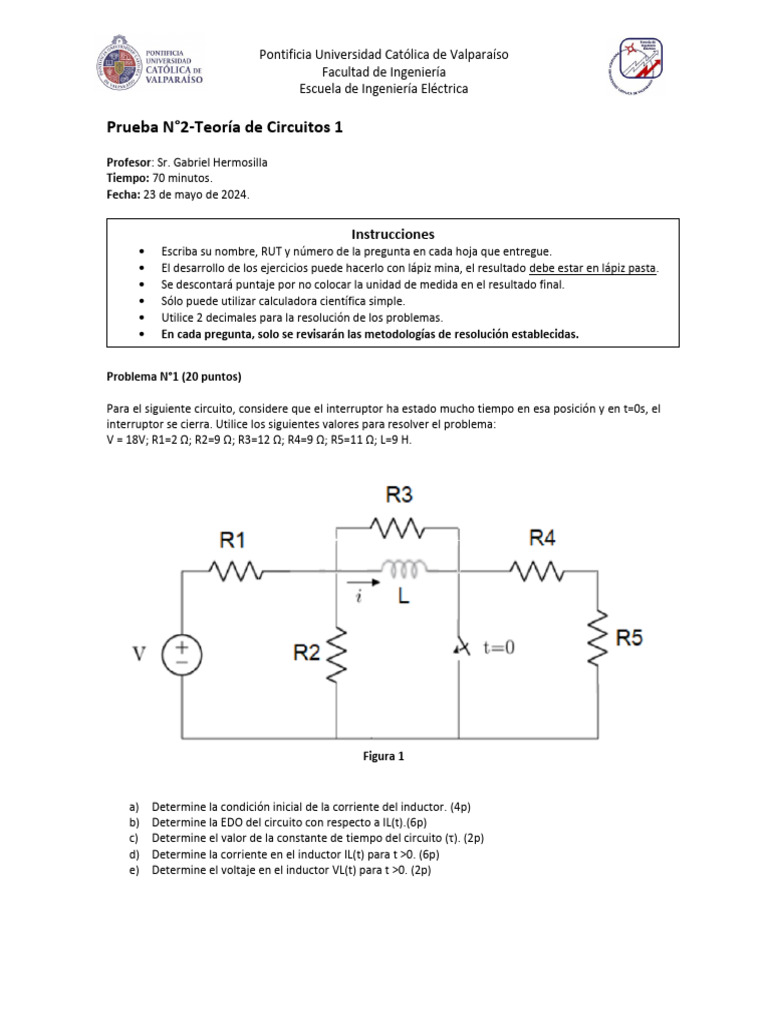 PAUTA EIE 280 - Teoría de Circuitos 1 - Prueba N°2 S1 2024 | PDF | Red eléctrica | Inductor