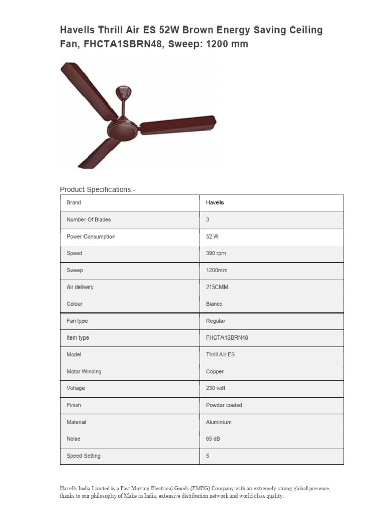 Havells Thrill Air ES 52W Brown Energy Saving Ceiling Fan-TDS PDF | PDF