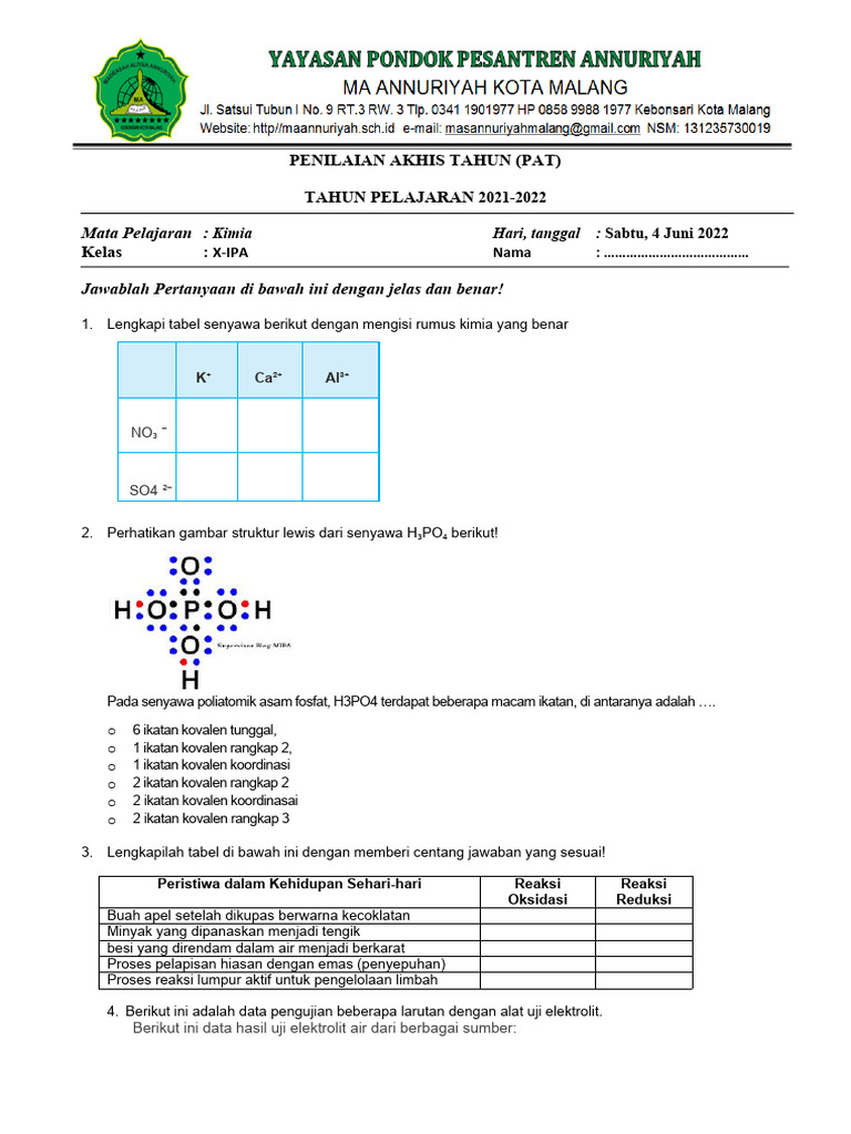 Soal Pat Kimia Kelas X-Ipa Genap 2021-2022 | PDF