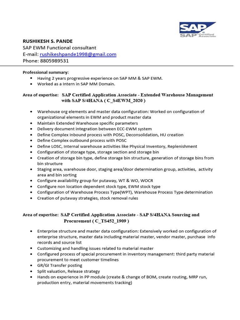 Rushikesh Pande (SAP EWM) CV PDF | PDF | Warehouse | Inventory