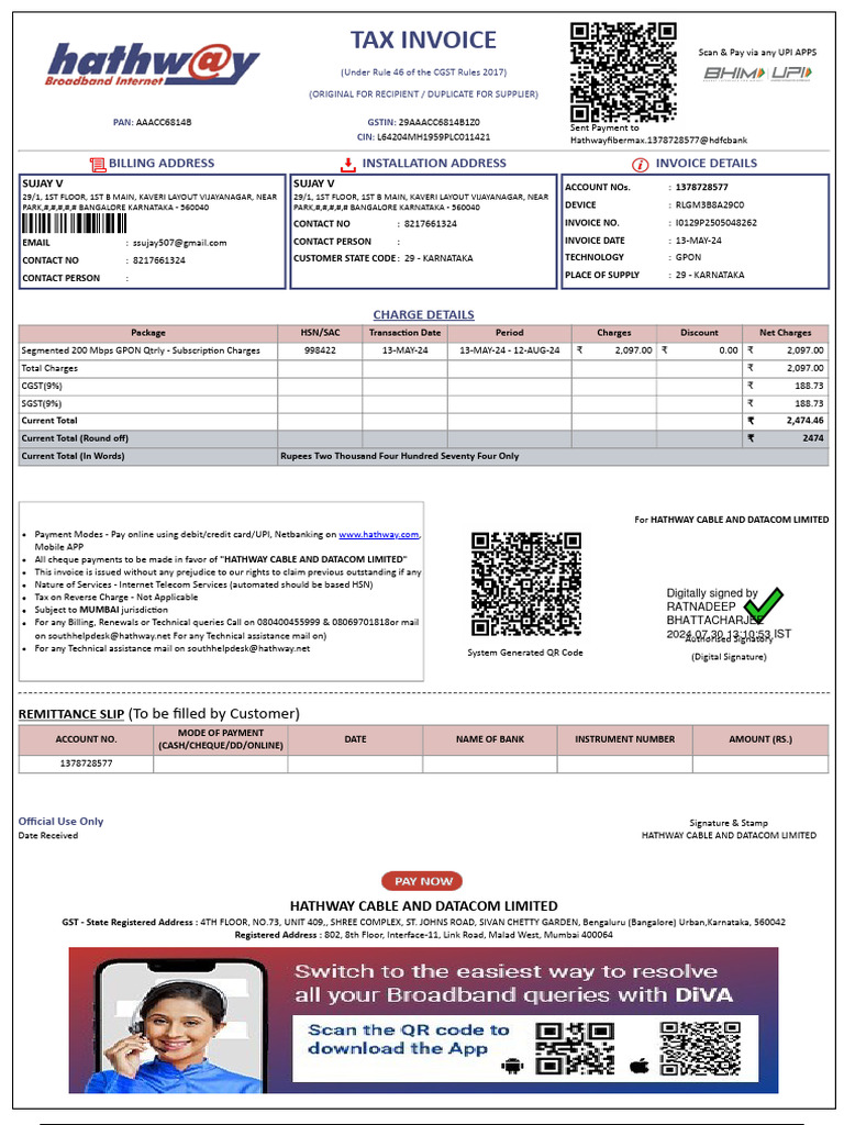 Invoice for Hathway Internet Services | PDF | Payments | Invoice