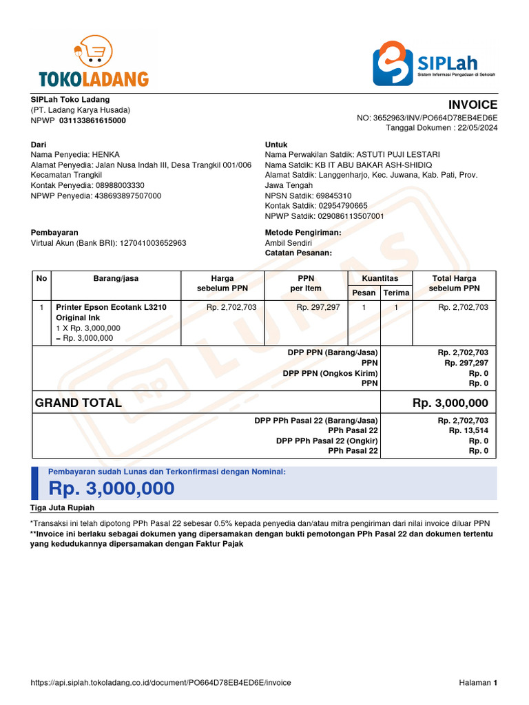 Invoice Pembelian Printer Epson SIPLAH | PDF | Pengelolaan Keuangan & Uang