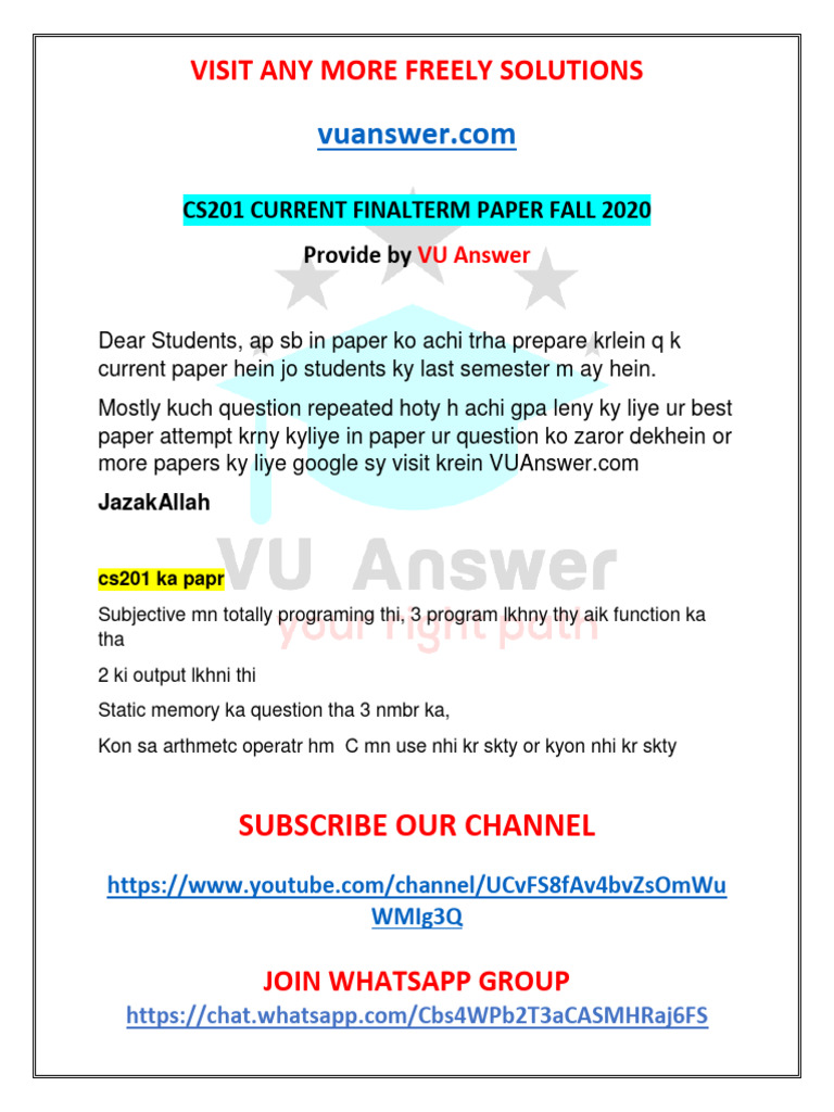 CS201 2020 Final Paper Current by VU Answer | PDF | C++ | Programming Paradigms