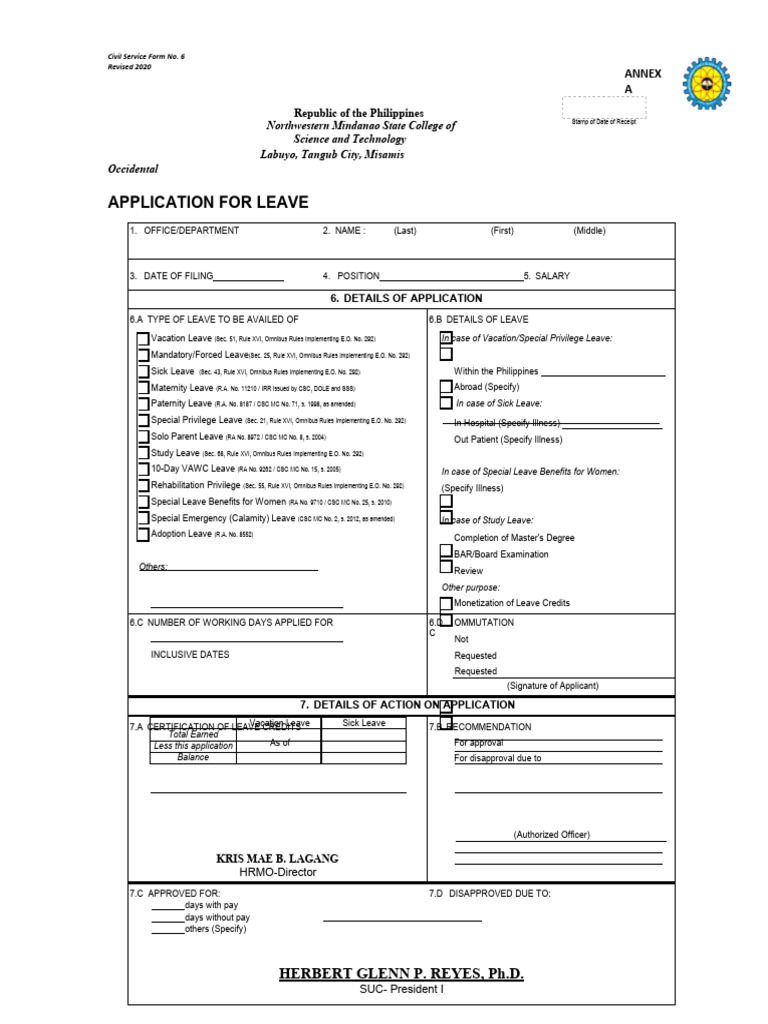 CS Form No. 6 Revised 2020 Application For Leave Secured - 1 | PDF | Parental Leave | Sick Leave