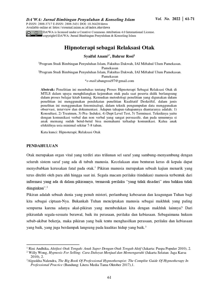 Hipnoterapi Sebagai Relaksasi Otak: Syaiful Anam, Bahrur Rosi | PDF ...