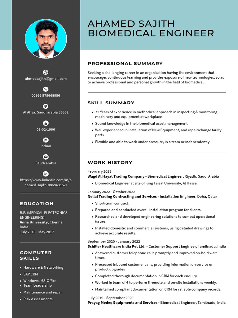 Ahamed Sajith Biomedical Engineer CV | PDF | Biomedical Engineering ...