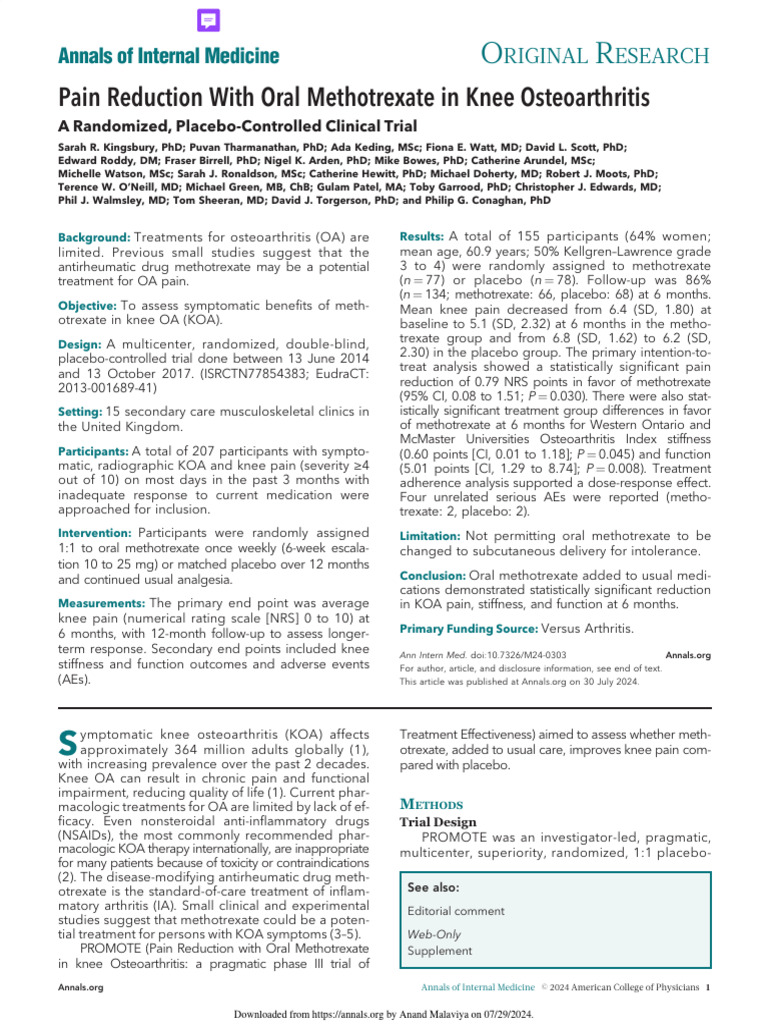 MTX Oral Oa Knee Orig | PDF | Arthritis | Osteoarthritis